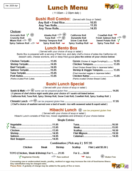 Toyo Japanese Sushi Bar & Hibachi - Lunch Menu